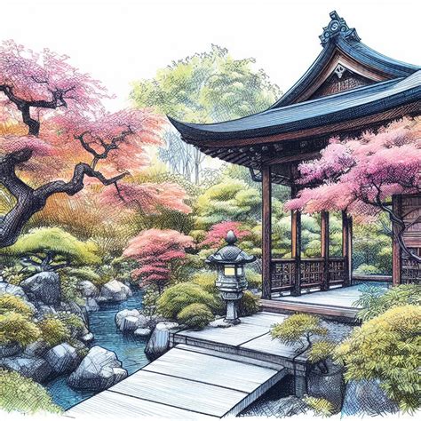 Japanese Garden With Pink Trees Bản Vẽ Thiết Kế Vườn Phong Cảnh đẹp