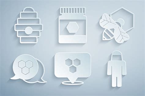 꿀벌 위치 꿀벌과 벌집 보호 모자를 가진 양봉가 꿀벌 아이콘에 대한 항아리와 하이브를 설정합니다 벡터 3차원 형태에 대한 스톡 벡터 아트 및 기타 이미지 Istock