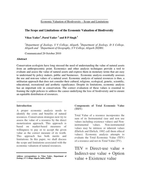 Economic Valuation Of Biodiversity Its Scope And Limitations Pdf Real Estate Appraisal