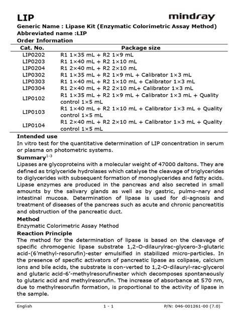 Generic Name Lipase Kit Enzymatic Colorimetric Assay Method