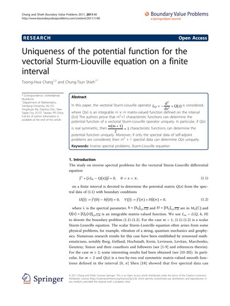 Pdf Uniqueness Of The Potential Function For The Vectorial Sturm Liouville Equation On A