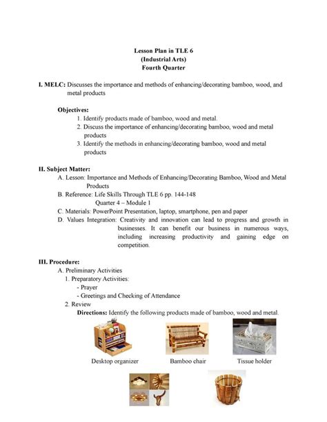 lesson plan for co tle 6 notes lesson plan in tle 6 industrial