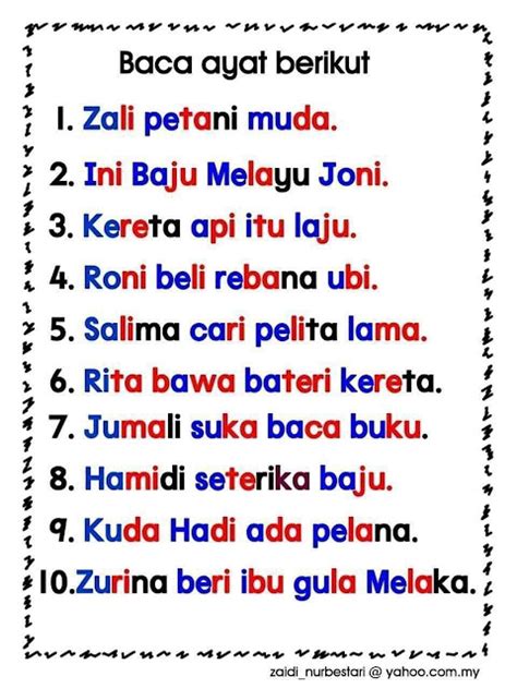 70 Latihan Bacaan Ayat Mudah Bahasa Melayu Prasekolah Dan Pemulihan