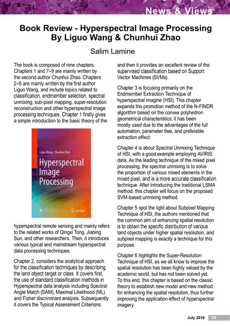 Pdf Book Review Hyperspectral Image Processing By Liguo Wang And Chunhui Zhao