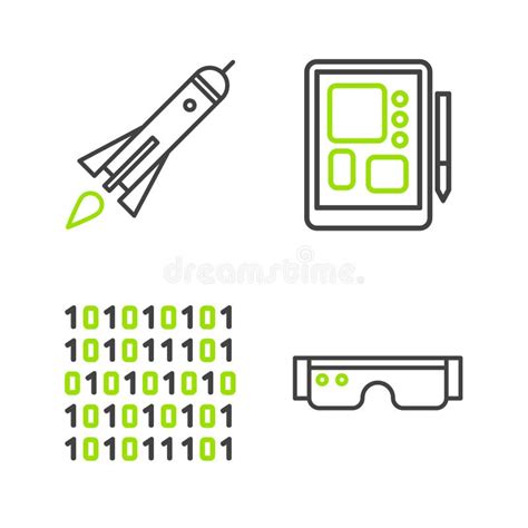 Set Line Smart Glasses Binary Code Graphic Tablet And Rocket Ship With Fire Icon Vector Stock