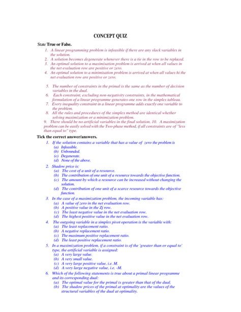 Linear Programming Quiz Concepts And Problems