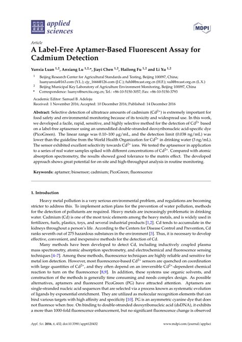 Pdf A Label Free Aptamer Based Fluorescent Assay For Cadmium Detection