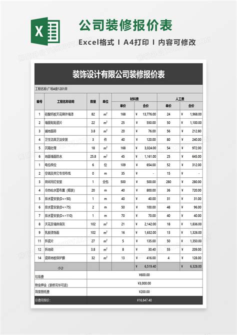 装饰设计有限公司装修报价表excel模板下载报价图客巴巴