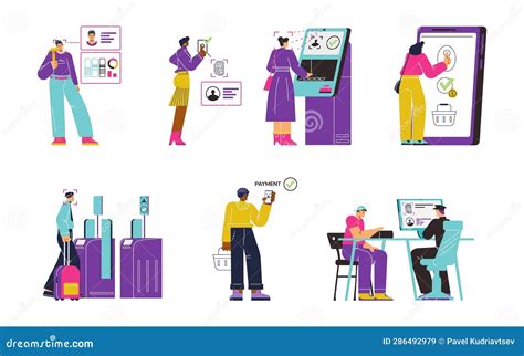 Set Of People Using Biometrics Technologies Flat Style Vector Illustration Stock Vector
