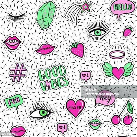 패션 재미 있는 벡터 원활한 패턴 패치 눈 입술 스타 딸기 체리 크리스탈 색종이 배경에 좋은 Vibes 연설 거품 팝 아트