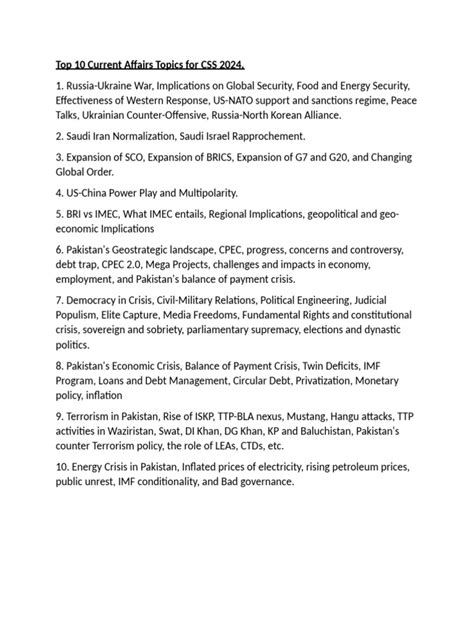 Top 10 Current Affairs Topics For Css 2024 Pdf