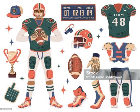 미식 축구 속성 스포츠맨 슈트 팀 팬 아이템 스타디움 매치 전속력으로 무장한 운동선수 스포츠 장비 벡터 일러스트 레이 션은 투명한 배경에 고립되어 있습니다