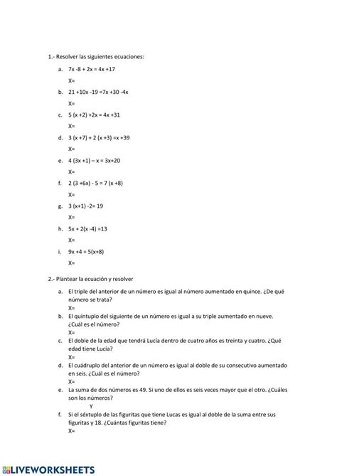 Ecuaciones Exercise Live Worksheets