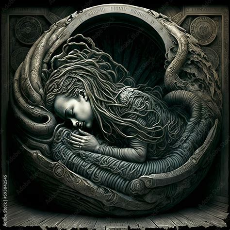 An Hr Giger Illustrated Piece Of A Adult Female Xenomorph Curled Up