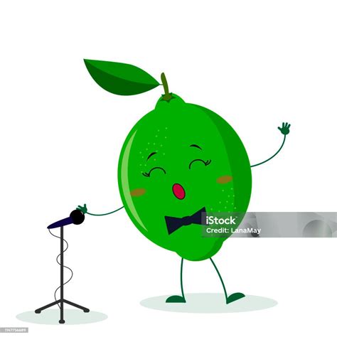 河 귀여운 과일 라임 가수가 마이크에 노래 나비 넥타이 만화 스타일의 문자입니다 로고 템플릿 디자인입니다 벡터 일러스트 레이 션 플랫 스타일 가수에 대한 스톡 벡터 아트 및