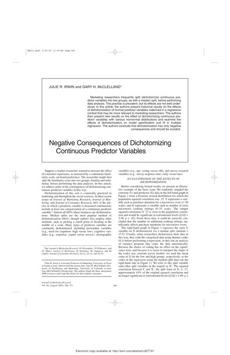 Pdf Negative Consequences Of Dichotomizing Continuous Predictor Variables