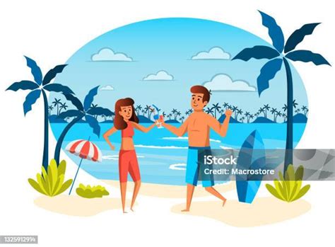 여름 방학 고립 된 장면 해변 리조트에서 쉬고 있는 남녀 열대 섬에서 레크리에이션 해변에서 칵테일을 마시고 일광욕을 즐기는 커플 플랫 만화 디자인의 벡터 일러스트레이션
