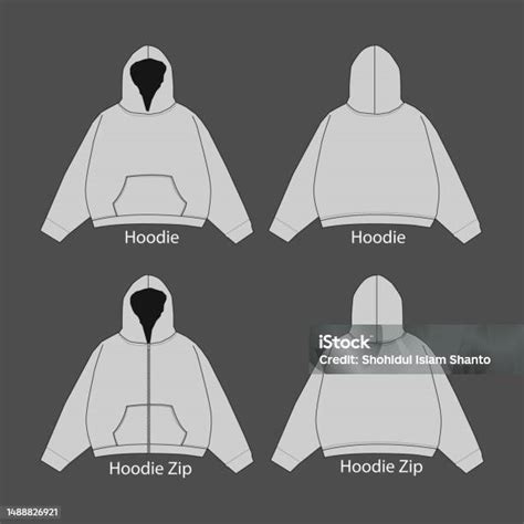 Hoodie Sweatshirt Flat Technical Drawing Illustration Mockup Template