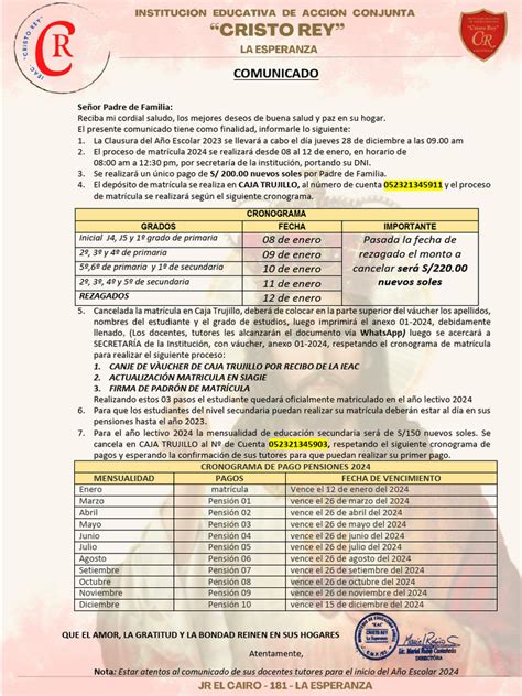 Comunicado De Matricula Final Cr La Esperanza Pdf Documento De Identidad Escuelas