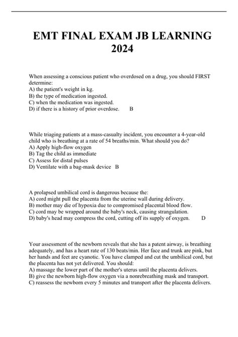 EMT FINAL EXAM JB LEARNING 2024 EMT JB LEARNING 2024 Stuvia US