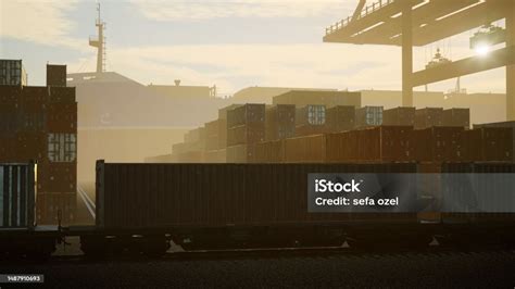 Container Train Leaving Port Containers In Port Are Unloaded From Cargo