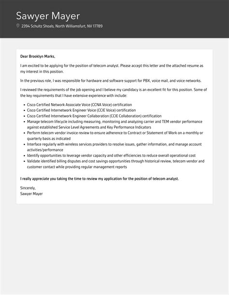 Telecom Analyst Cover Letter Velvet Jobs