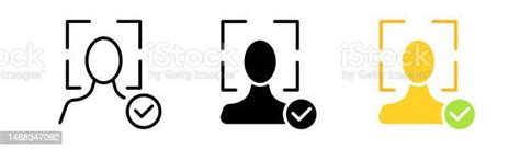 얼굴 인식 설정 아이콘입니다 얼굴 Id 잠금 해제 프레임 생체 인식 스캔 스캔 인식 확인 식별 생체 측정 개념입니다 선에 있는 벡터 아이콘 흰색 배경에 검은색과 화려한