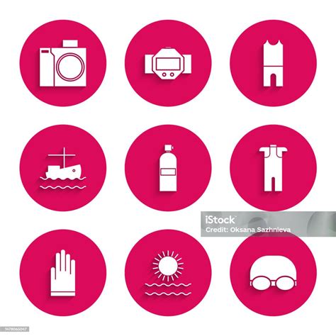 Aqualung 태양과 파도 수영을위한 안경 모자 잠수복 스쿠버 다이빙 장갑 물 위의 낚시 보트 및 사진 카메라 다이버 아이콘을 설정합니다 벡터 겨울에 대한 스톡 벡터 아트