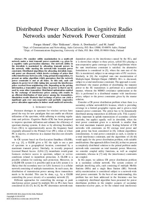 Pdf Distributed Power Allocation In Cognitive Radio Networks Under Network Power Constraint