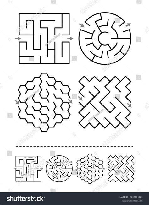 10 four simple mazes various shapes answers included images stock