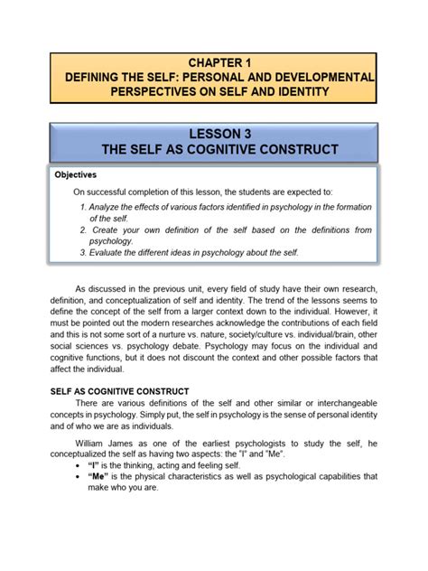 Chapter 1 Lesson 3 The Self As Cognitive Construct Pdf Self Concept