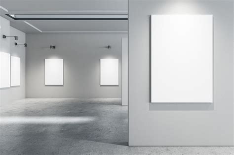 빈 흰색 모의 포스터와 현대 콘크리트 갤러리 인테리어 전시 컨셉 3d 렌더링 미술관에 대한 스톡 사진 및 기타 이미지 미술관 간판 복도 Istock