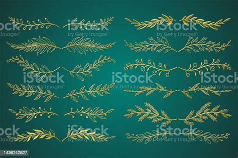 손으로 그린 디자인으로 설정된 금색 꽃 장식 분배기 허브 나뭇 가지 꽃 및 식물 식물 장식품의 번들은 장식과 장식 가지를