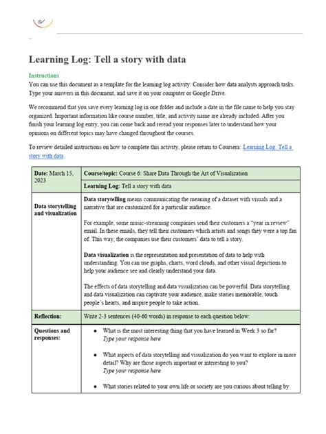Learning Log Template Tell A Story With Data Pdf Data Storytelling