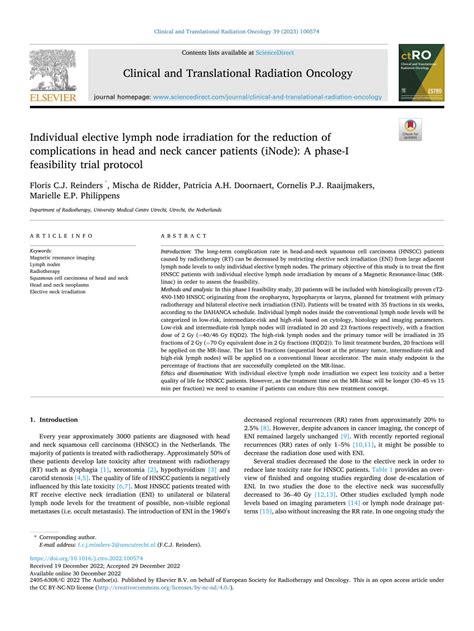 Pdf Individual Elective Lymph Node Irradiation For The Reduction Of