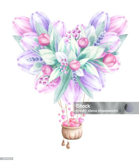 날아다니는 하트로 가득 찬 바구니가 있는 하트 모양의 꽃 풍선 로맨틱한 발렌타인 데이 인사말 카드 초대장 및 결혼식 디자인을 위한 흰색에 손 그리기 수채화 고립된 그림