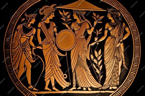 신의 영웅과 고대 그리스의 신화 속 생물을 묘사한 도자기 스타일의 작품 프리미엄 사진