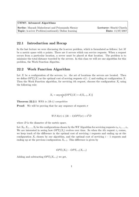 K Server Problem And Online Learning Advanced Algorithms Lecture 22 Notes Computer Science Docsity