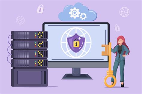 네트워크 보안 및 데이터 보호 서버 랙 및 클라우드 시스템에 대한 액세스 및 보안을 상징하는 열쇠를 들고 있는 여성의 개념을 보여줍니다 개념에 대한 스톡 벡터 아트 및 기타