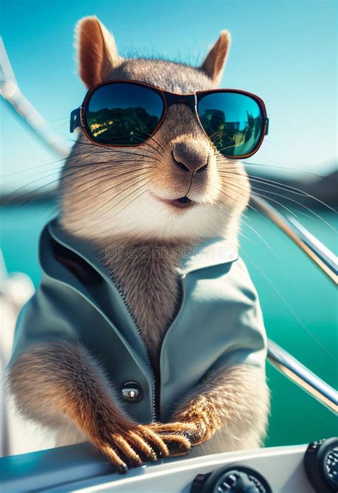 Funny Squirrel In A Jacket And Sunglasses Traveling On A Yacht Ai Generated Stock Image Image