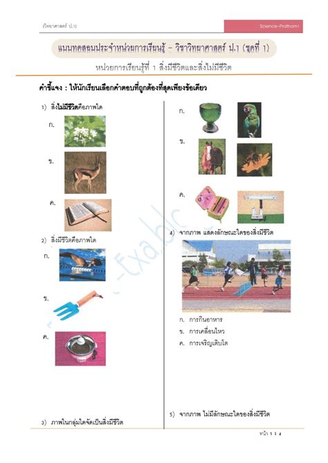 แบบทดสอบ แบบฝึกหัด แบบทดสอบประจำหน่วยการเรียนรู้ วิชาวิทยาศาสตร์ ป 1 ชุดที่ 1 หน่วยการ
