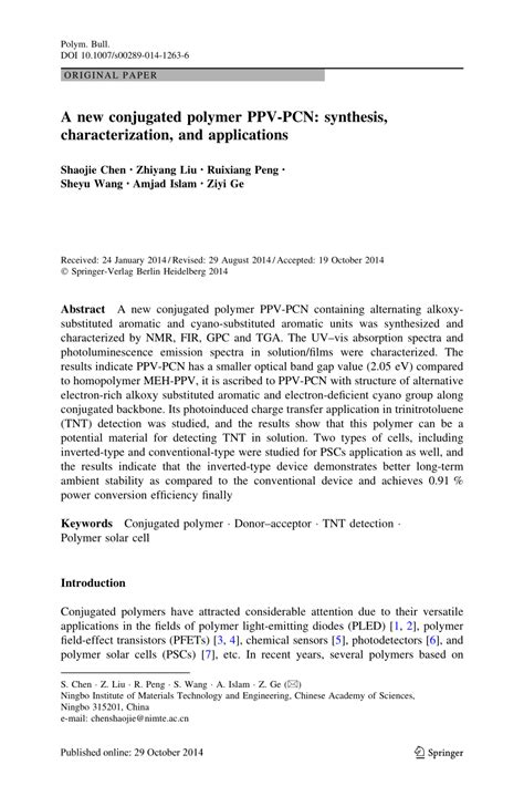 Pdf A New Conjugated Polymer Ppv Pcn Synthesis Characterization And Applications