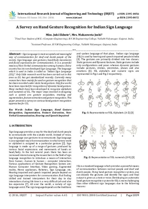 Pdf A Survey On Hand Gesture Recognition For Indian Sign Language
