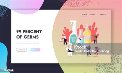 코로나 바이러스 예방 조치 방문 페이지 템플릿 작은 캐릭터는 항균 비누와 소독제로 손을 씻습니다 포거 스프레이 소독제를 가진 작업자 만화 사람 벡터 일러스트 병원에 대한