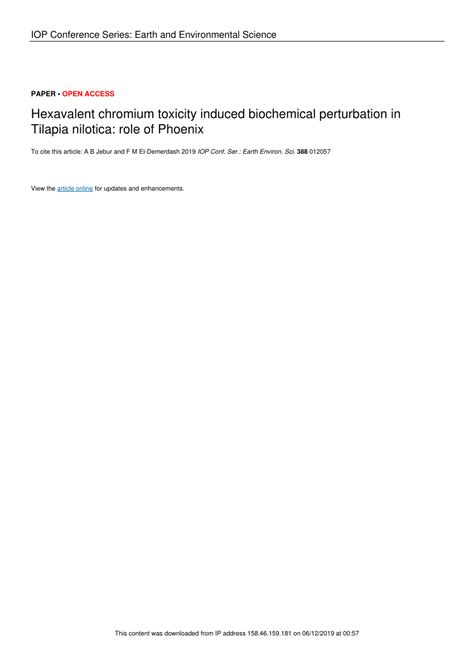 Pdf Hexavalent Chromium Toxicity Induced Biochemical Perturbation In Tilapia Nilotica Role Of