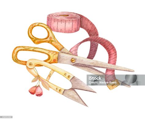 아틀리에 디자인을 위한 실 가위와 줄자가 있는 재단사의 가위 빈티지 스타일의 손으로 그린 수채화 그림 분홍색과 금색의 재봉 도구 의 양장점 그림 바느질 용품 가위에 대한