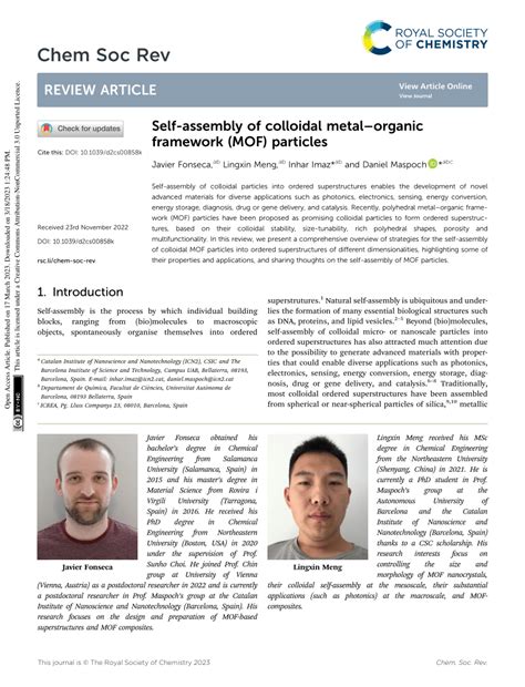 Pdf Self Assembly Of Colloidal Metal Organic Framework Mof Particles
