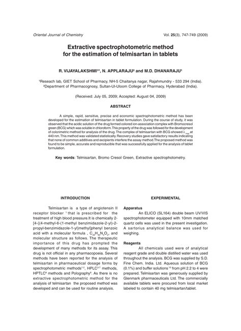 Pdf Extractive Spectrophotometric Method For The Estimation Of Telmisartan In Tablets