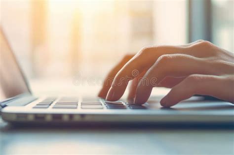 Close Up Of Hands Typing On A Laptop In A Bright Modern Workspace