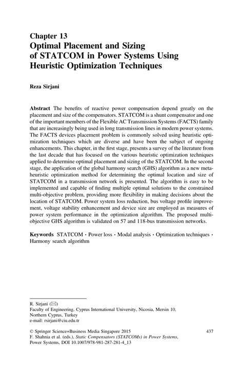 Pdf Optimal Placement And Sizing Of Statcoms In Power Systems Using Heuristic Optimization